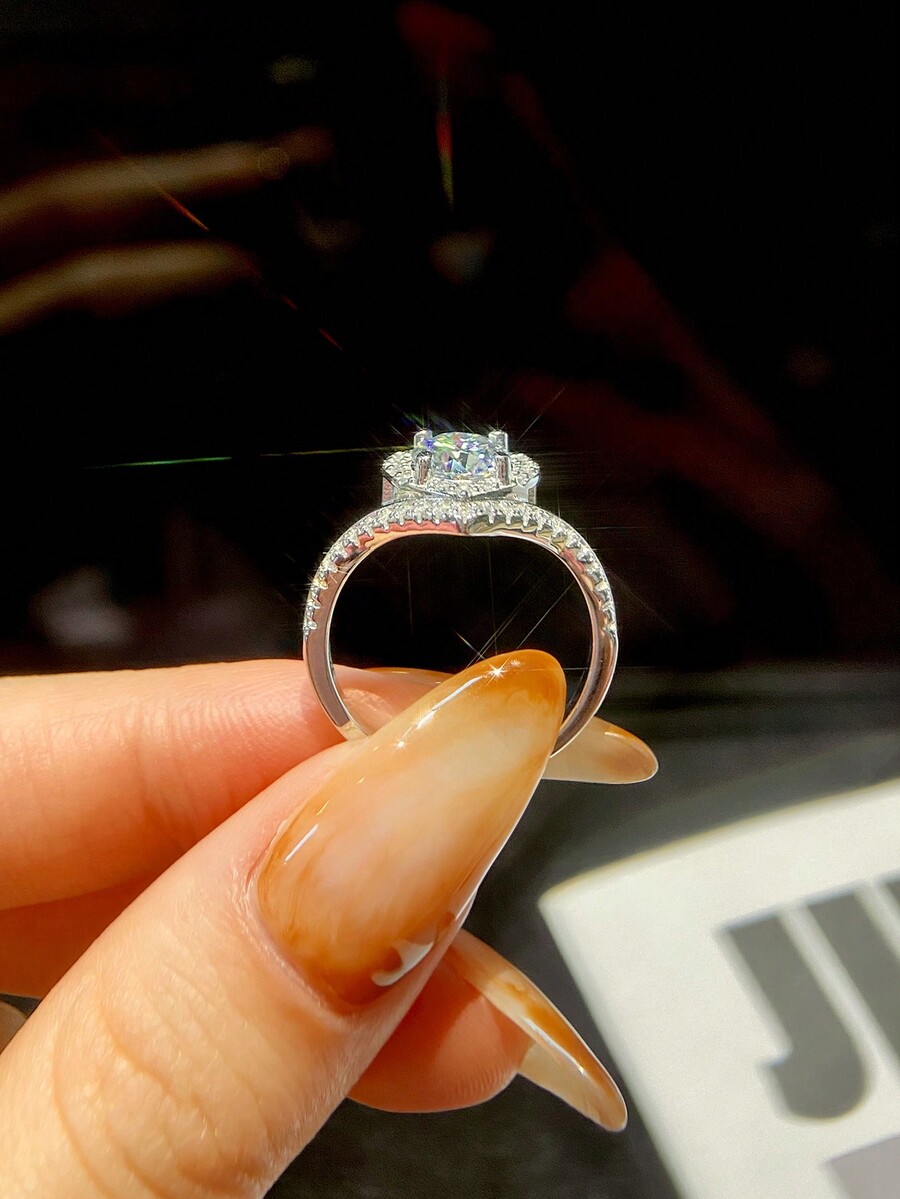 1pc 1ct 4 Claw Design Colorless Moissanite Rhinestone Heart Hollow Ring Ladies Engagement Ring ...