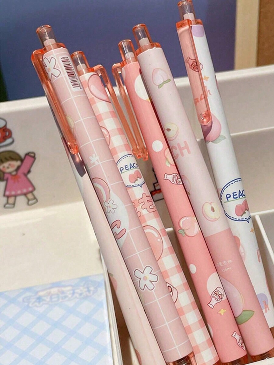 6pcs Cute And Gentle Peach Shaped Push Ballpoint PenHigh-Value, Lovely ...