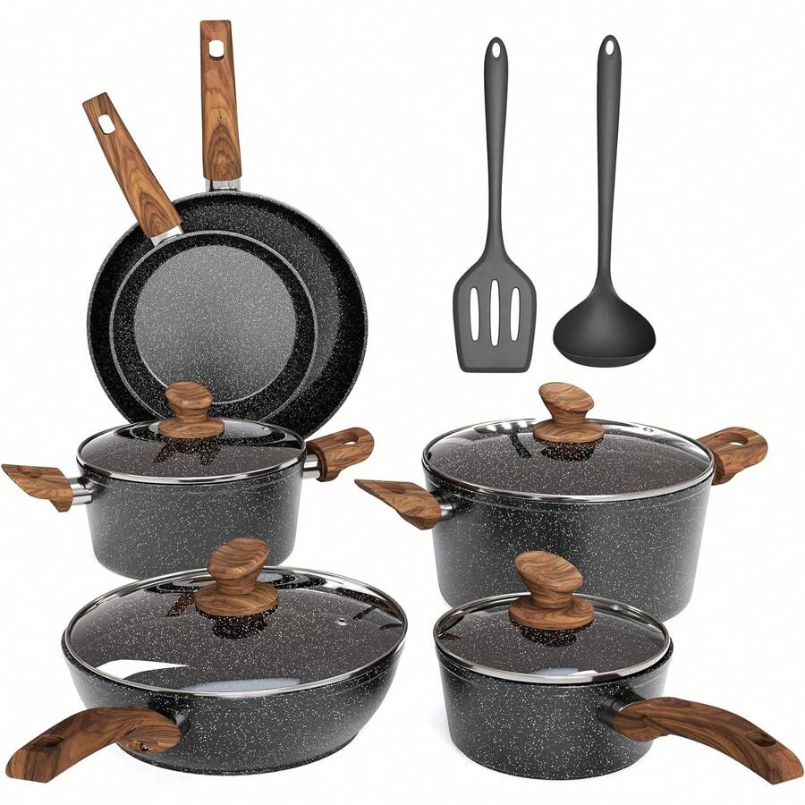 On Kitchen Cookware Sets Nonstick, 12 Piece Pots And Pans Set Granite ...