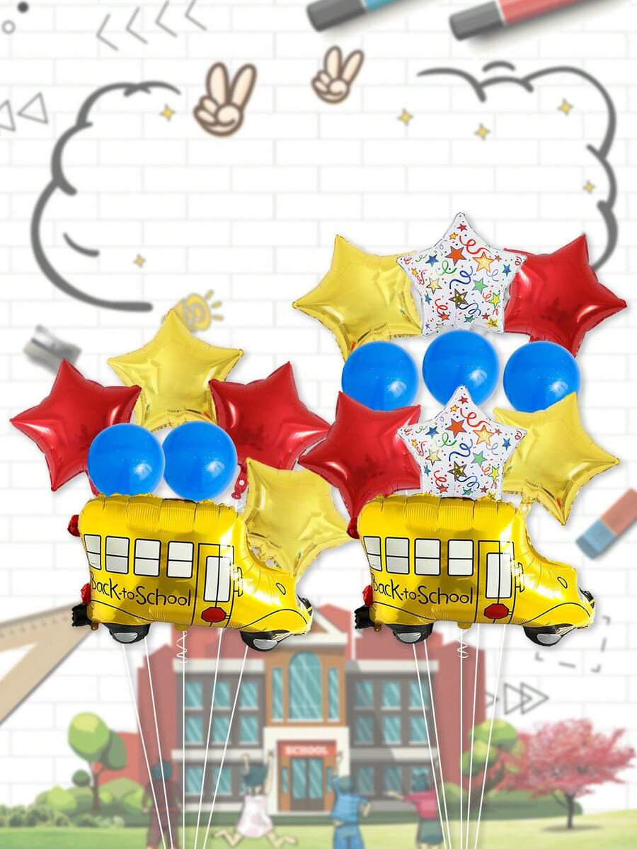 17pcs Large School Bus Aluminum Foil Balloons And 18-Inch Star Helium ...