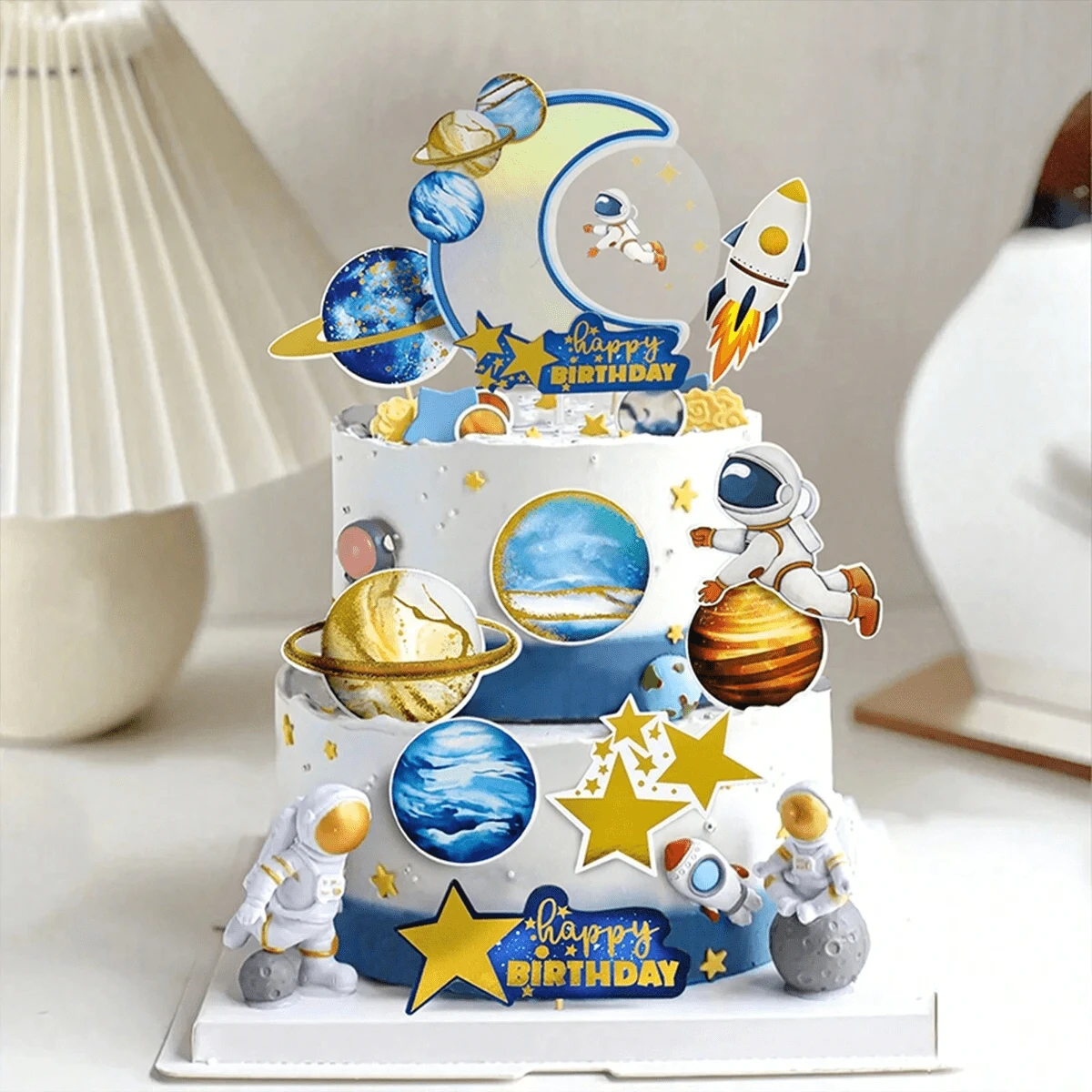 1set Blue Outer Space Planet Theme Birthday Cake Decoration Insert Card & Picks, Including Moon ...