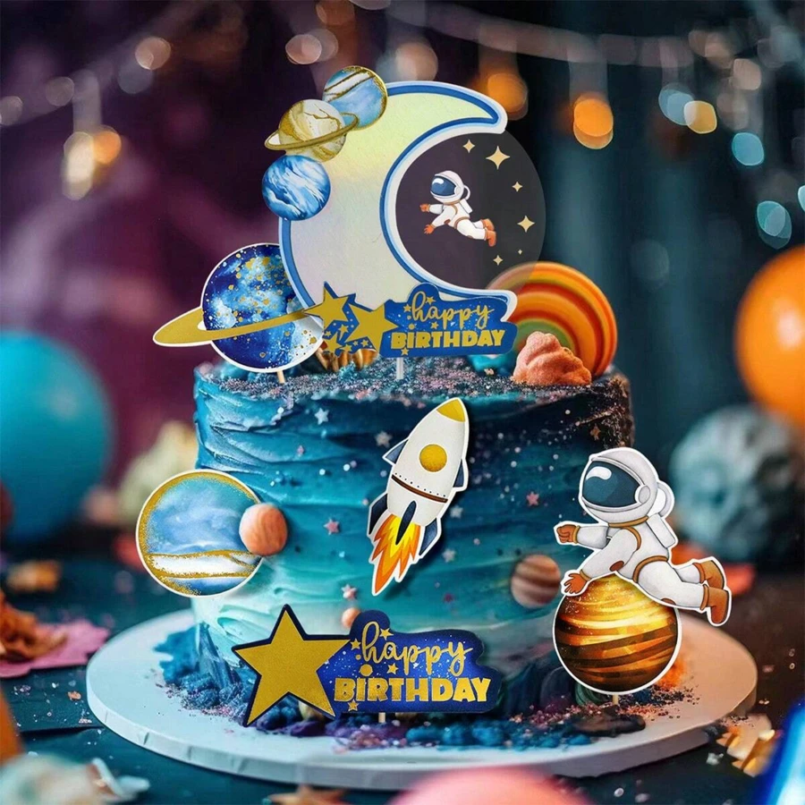 1set Blue Outer Space Planet Theme Birthday Cake Decoration Insert Card & Picks, Including Moon ...