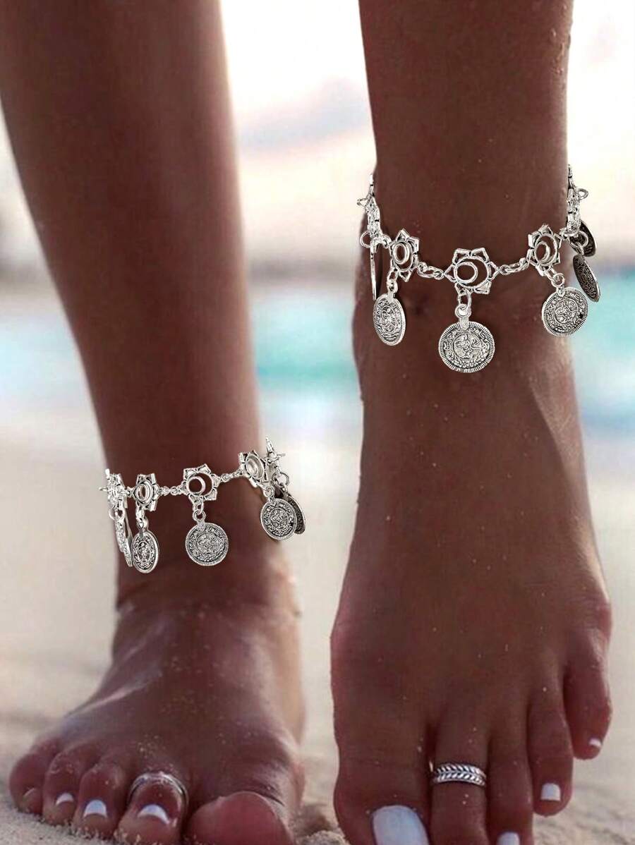 1pc Elegant Boho Retro Saudi National Day Beach Anklet With Vintage Tassel Coin Charm, Women ...