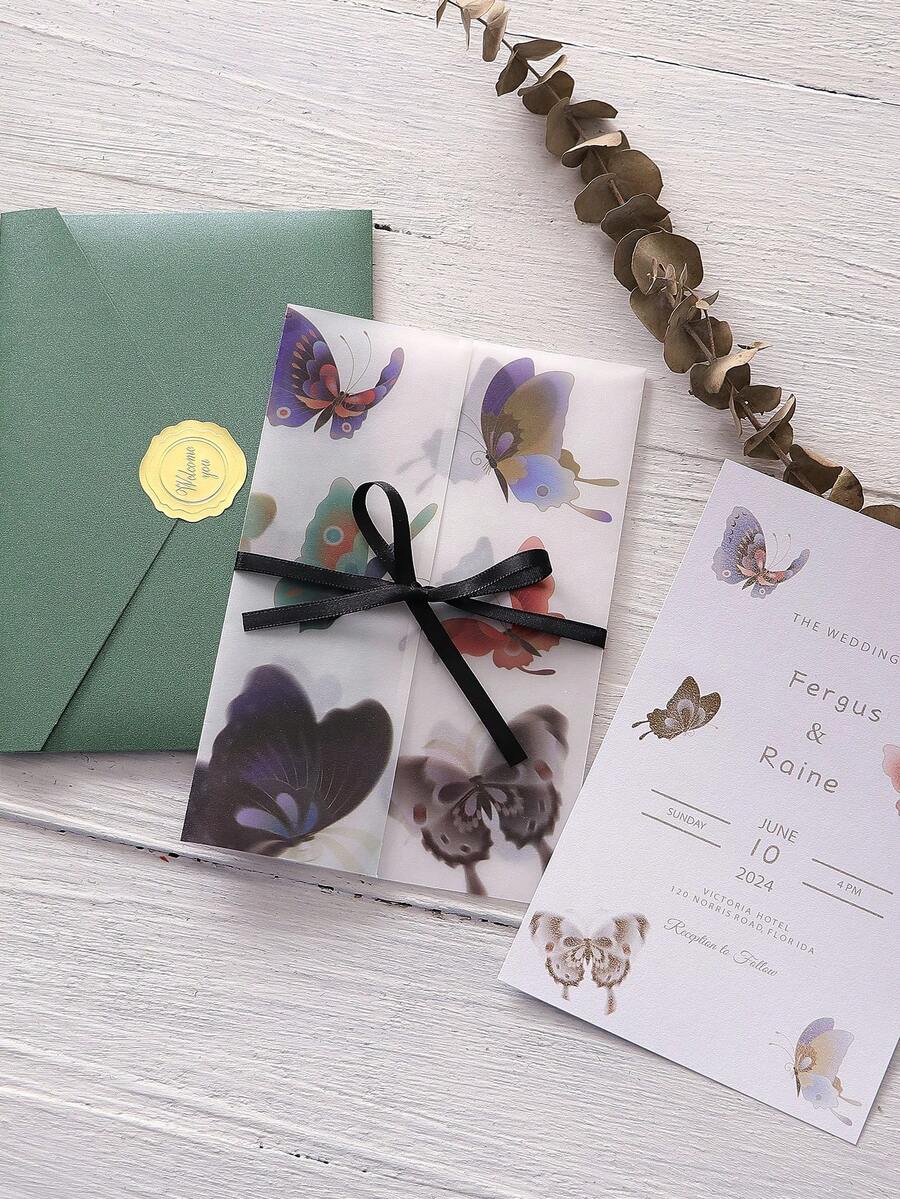 Set Of 10 Butterfly Pattern Kraft Paper Wrapped Wedding Invitation ...