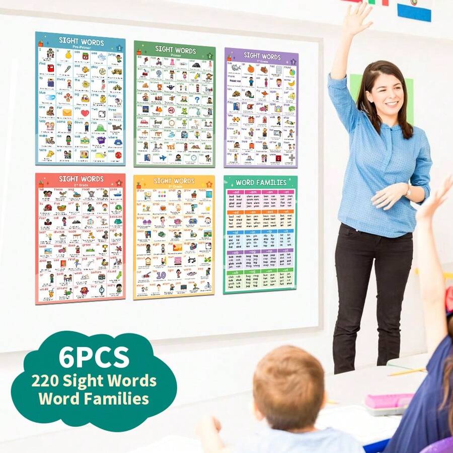 6 Pcs 220 Sight Words Educational Posters English Learning Posters For ...