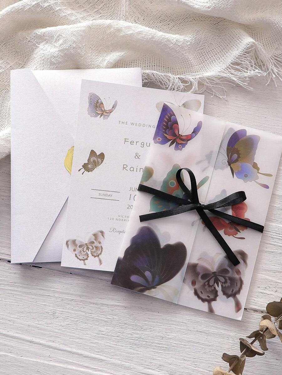 Set Of 10 Butterfly Pattern Kraft Paper Wrapped Wedding Invitation ...