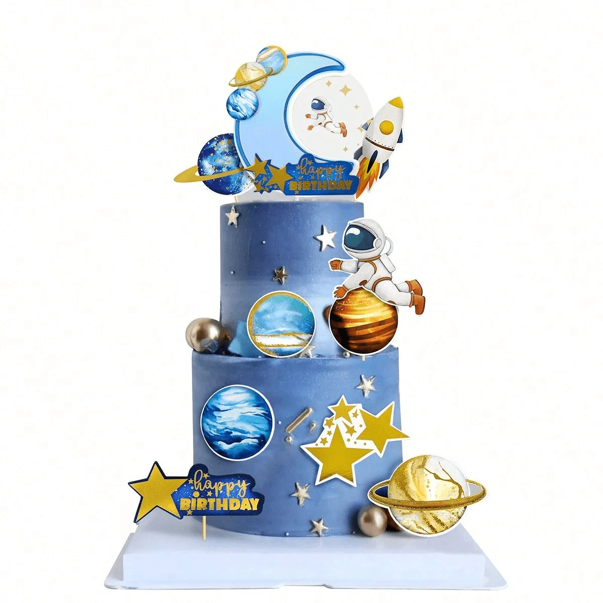 1set Blue Outer Space Planet Theme Birthday Cake Decoration Insert Card & Picks, Including Moon ...