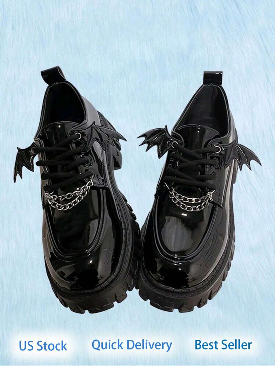 Women's Gothic Style Lace-Up Shiny Chunky Mid-Heel Mary Jane Shoes With ...
