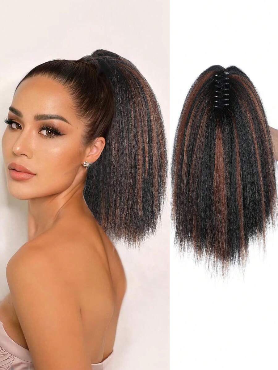 12 Inch Kinky Straight Ponytail Extension For Women Natural Black Yaki ...