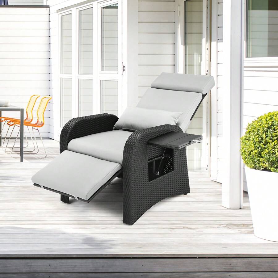 Outdoor Recliner Chair, Patio Recliner With Flip-Up Side Table, PE ...