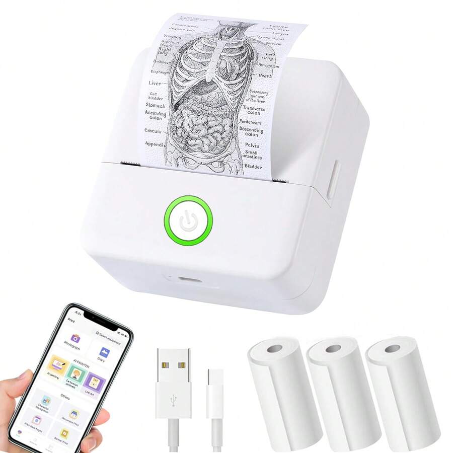 Mini Printer,Thermal Printer Label Maker With 3 Rolls Paper, Portable ...