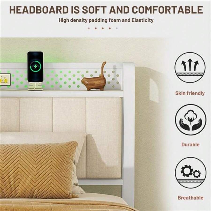 Queen Bed Frame With LED Headboard, Upholstered Bed With 4 Storage ...