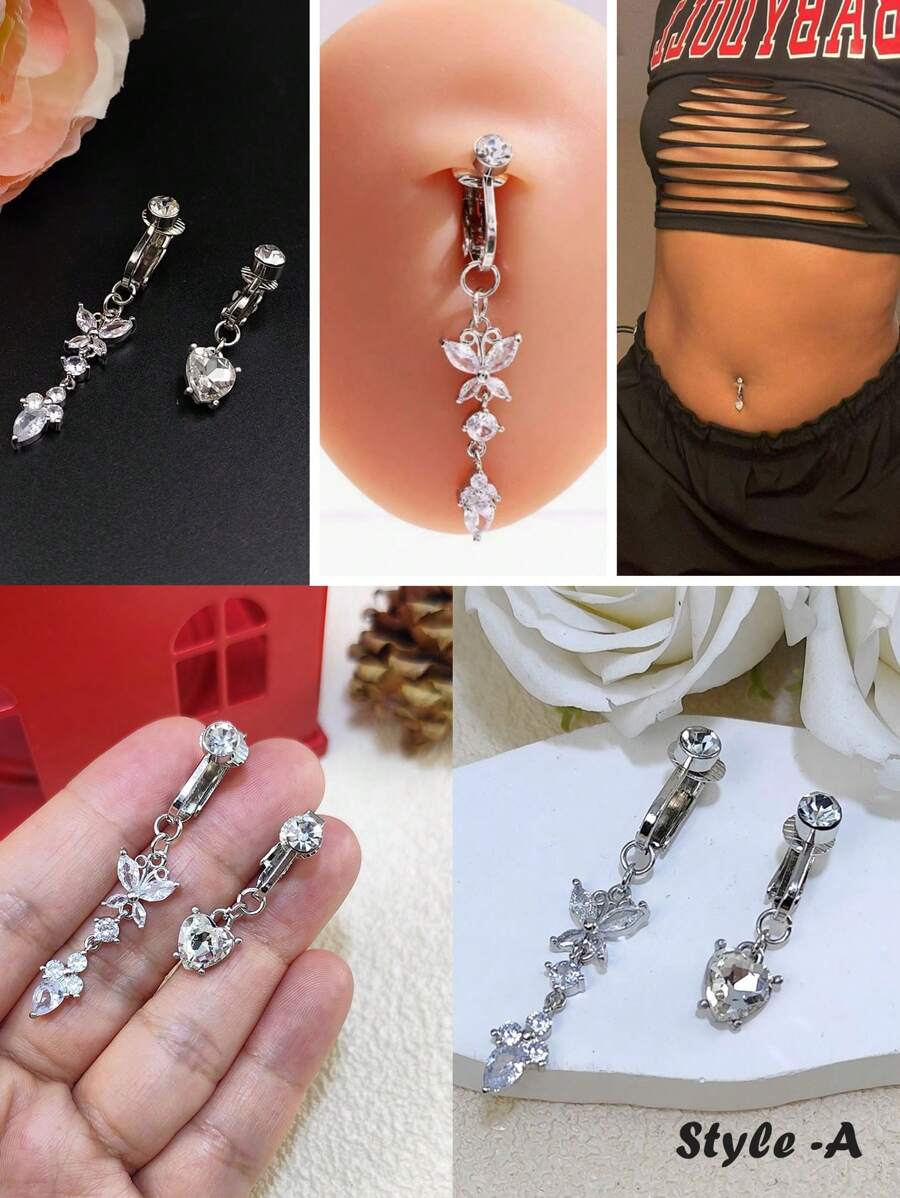 2-3pcs Fake Belly Button Rings Clips On Belly Navel Bars Stainless ...