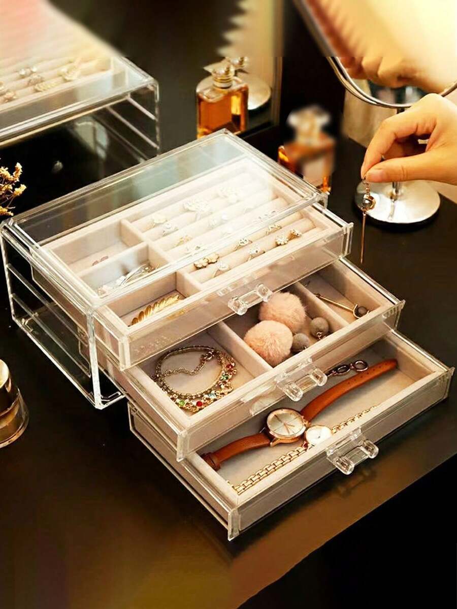 1PC Acrylic Jewelry Three Drawer Storage Box, Velvet Jewelry Storage ...