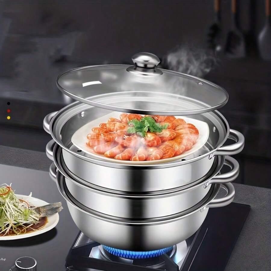 Extra-Large Stainless Steel Double-Layer Steamer Set With Glass Lid ...