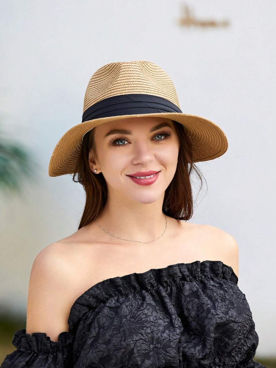 Women Wide Brim Straw Panama Roll Up Hat Fedora Beach Sun Hat Upf50
