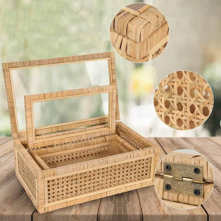 Boho Rattan Display Boxes With Glass Lids - Set Of 2 Rectangular ...