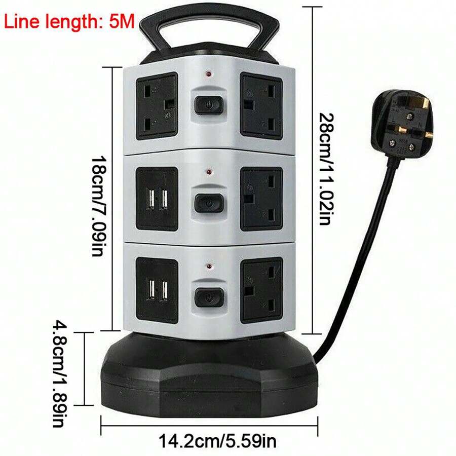 EXTENTION LEAD VERTICAL POWER STRIP TOWER MULTI PLUG USB UK SOCKET 2M ...