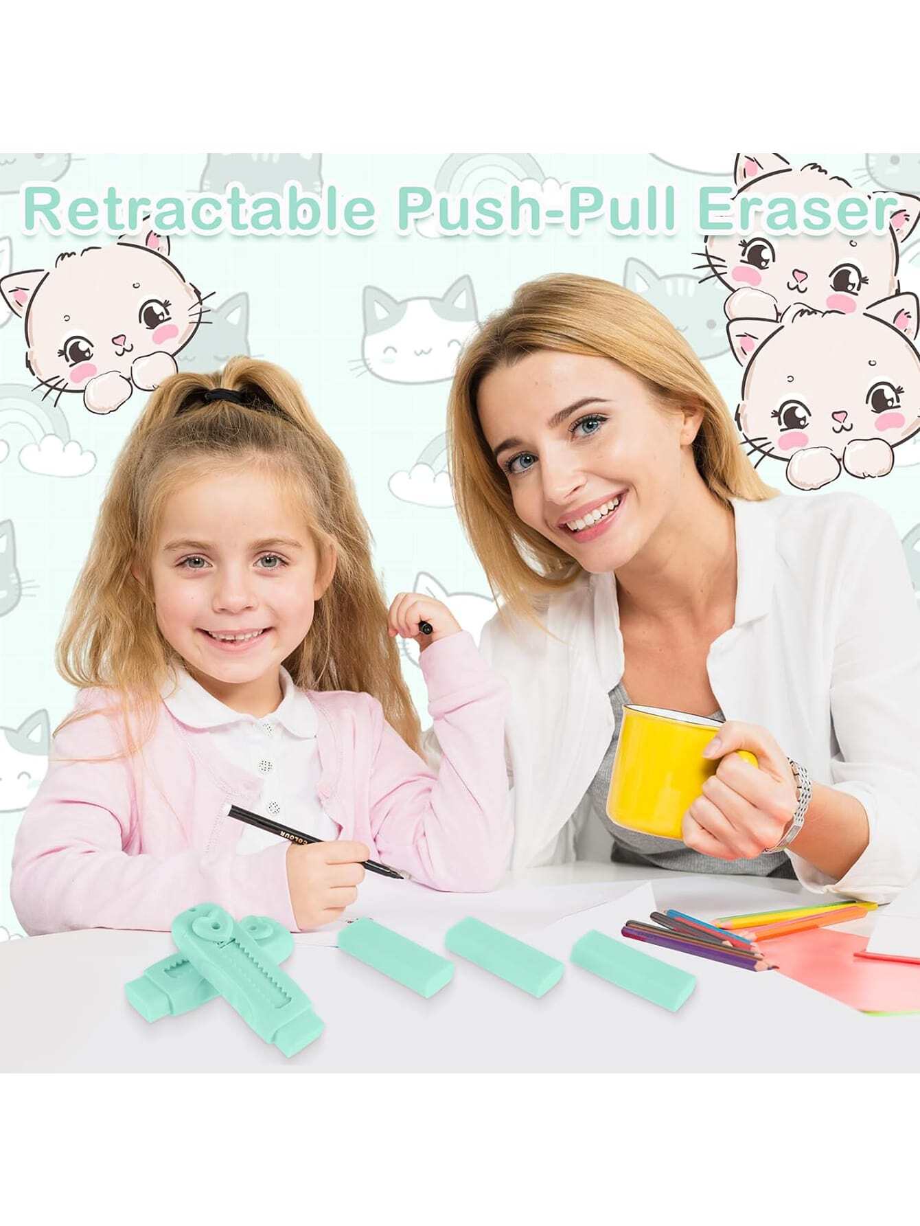Total 3pcs Erasers, 1 Pc Heart Shape Push-Pull Eraser + 2 Pcs Spare ...
