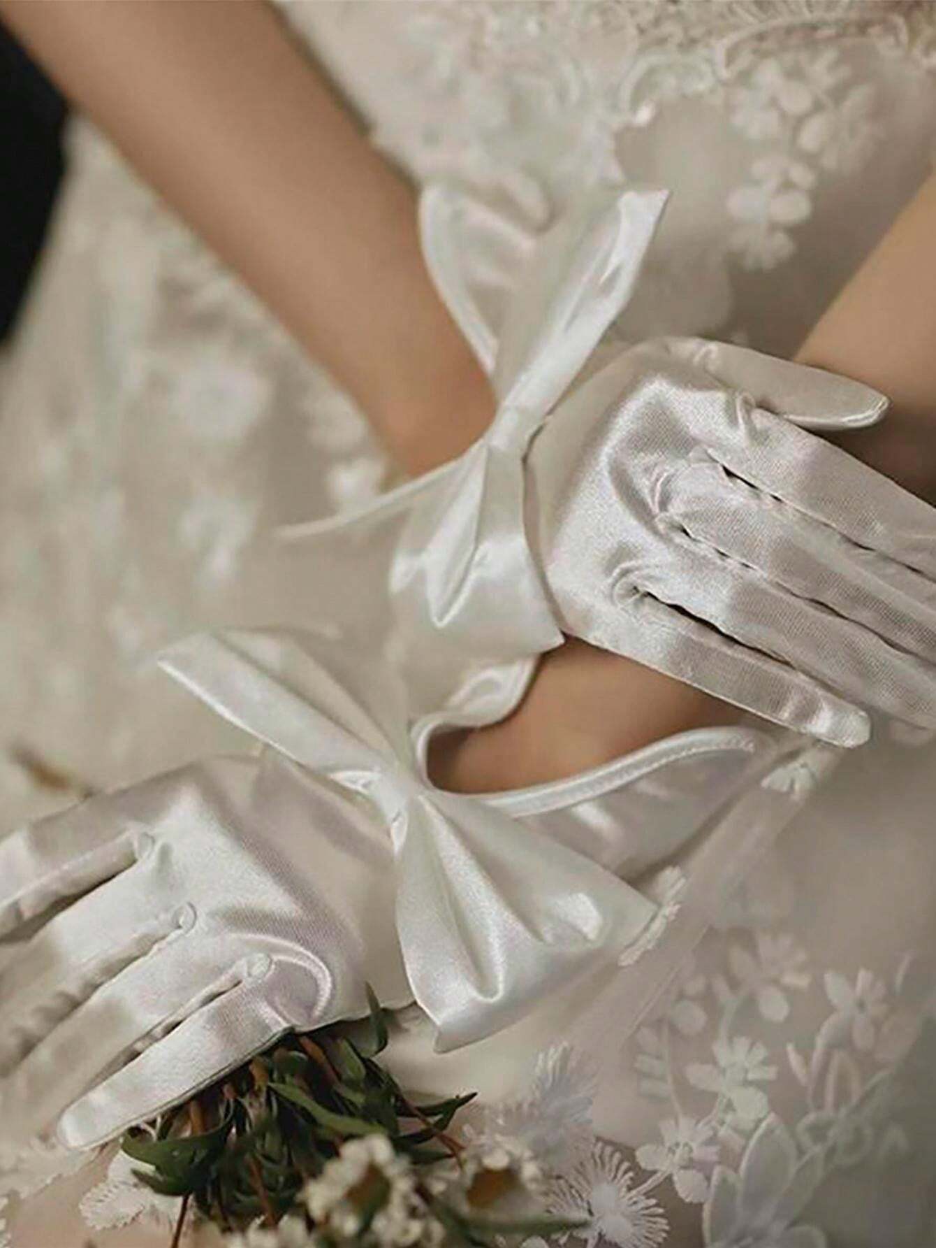 1pc Bride Wedding Gown White Satin Gloves With Bow, Thin Retro European ...