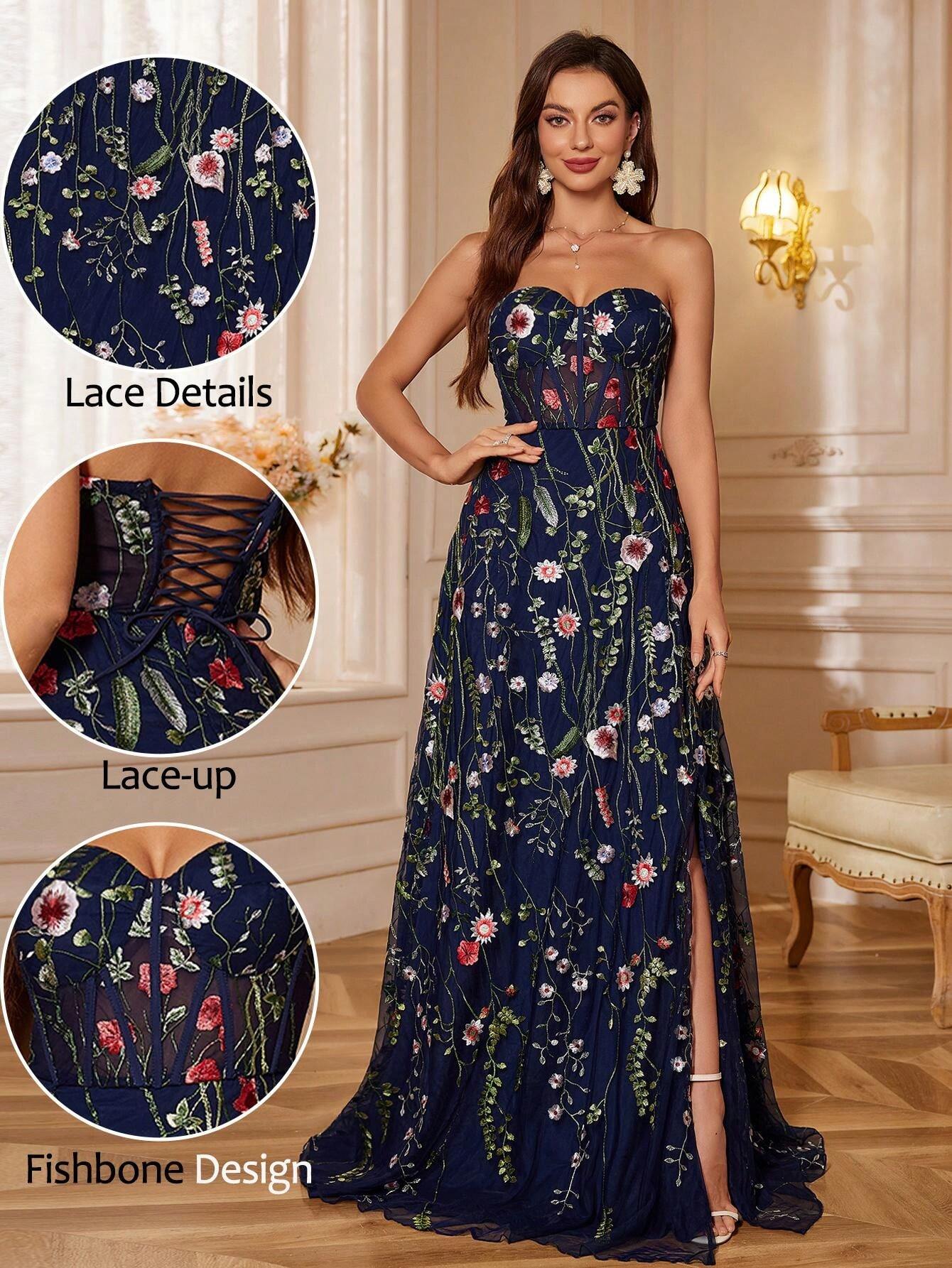 Women Sweetheart Neck Flowers Embroidered Lace-Up Back Floor Long Prom ...