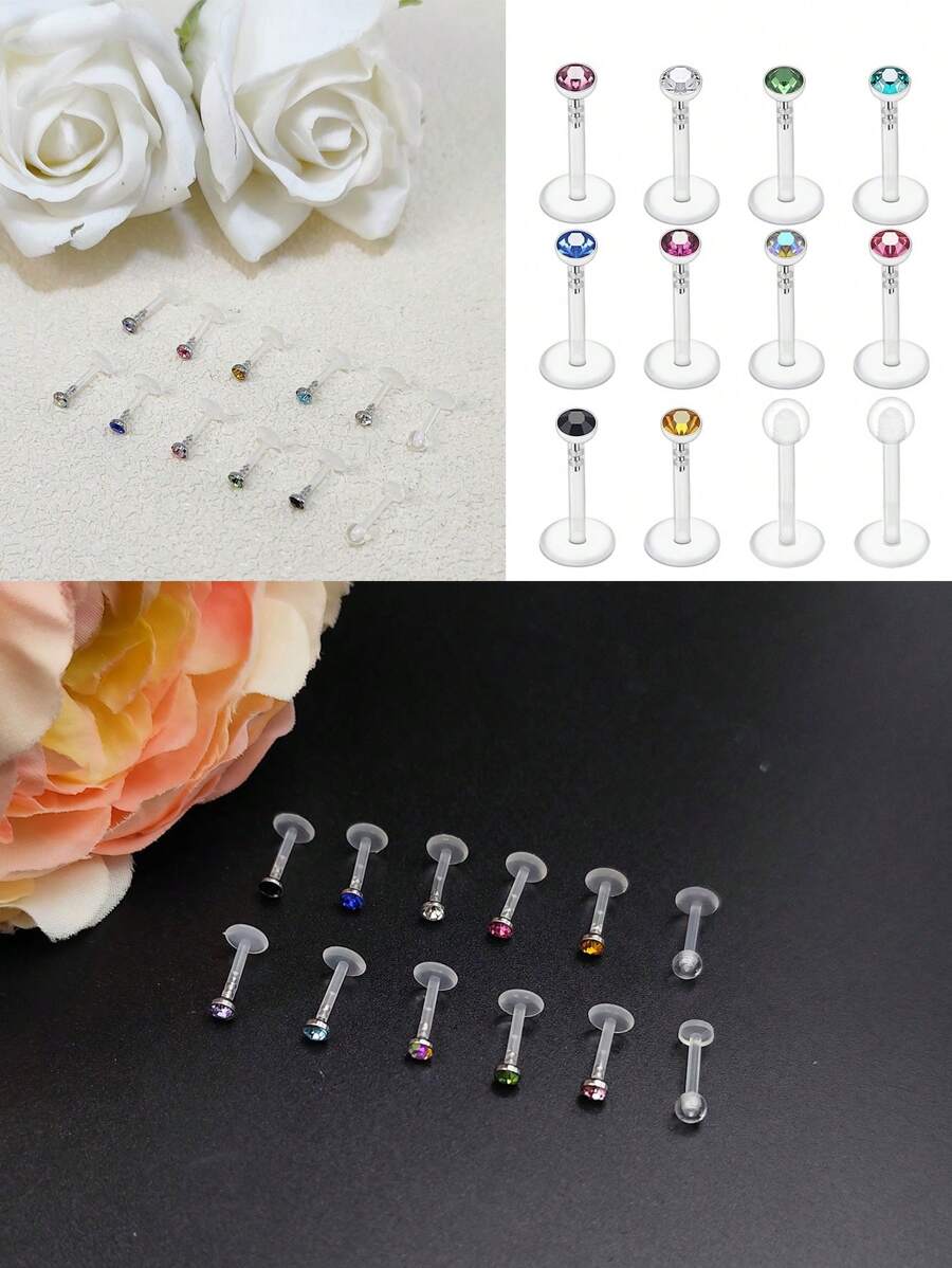 12pcs Plastic Lip Bars Acrylic Labret Studs 16G With Crystal Flexible Bioflex Helix Tragus Bars ...