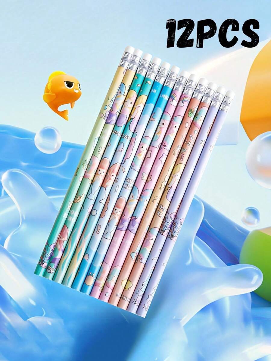 12pcs/Set Mermaid Themed Hb Sketch Pencil With Eraser, 2Mm Lead ...