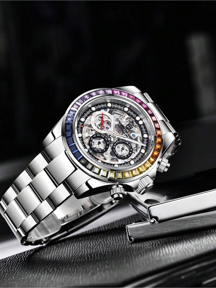PAGANI DESIGN Luxury Rainbow Bezel Men Watch Stainless Steel Sapphire ...