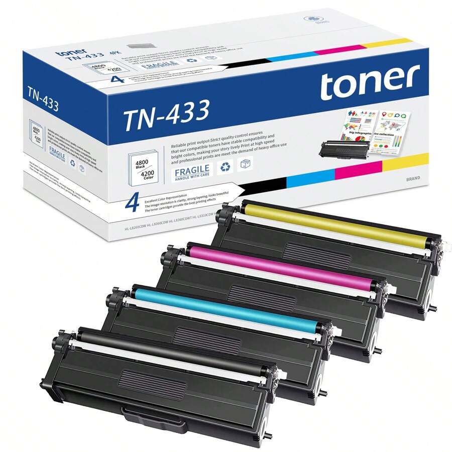 TN433 TN-431 Toner Cartridges 4 Pack, Replacement For Brother TN433BK ...
