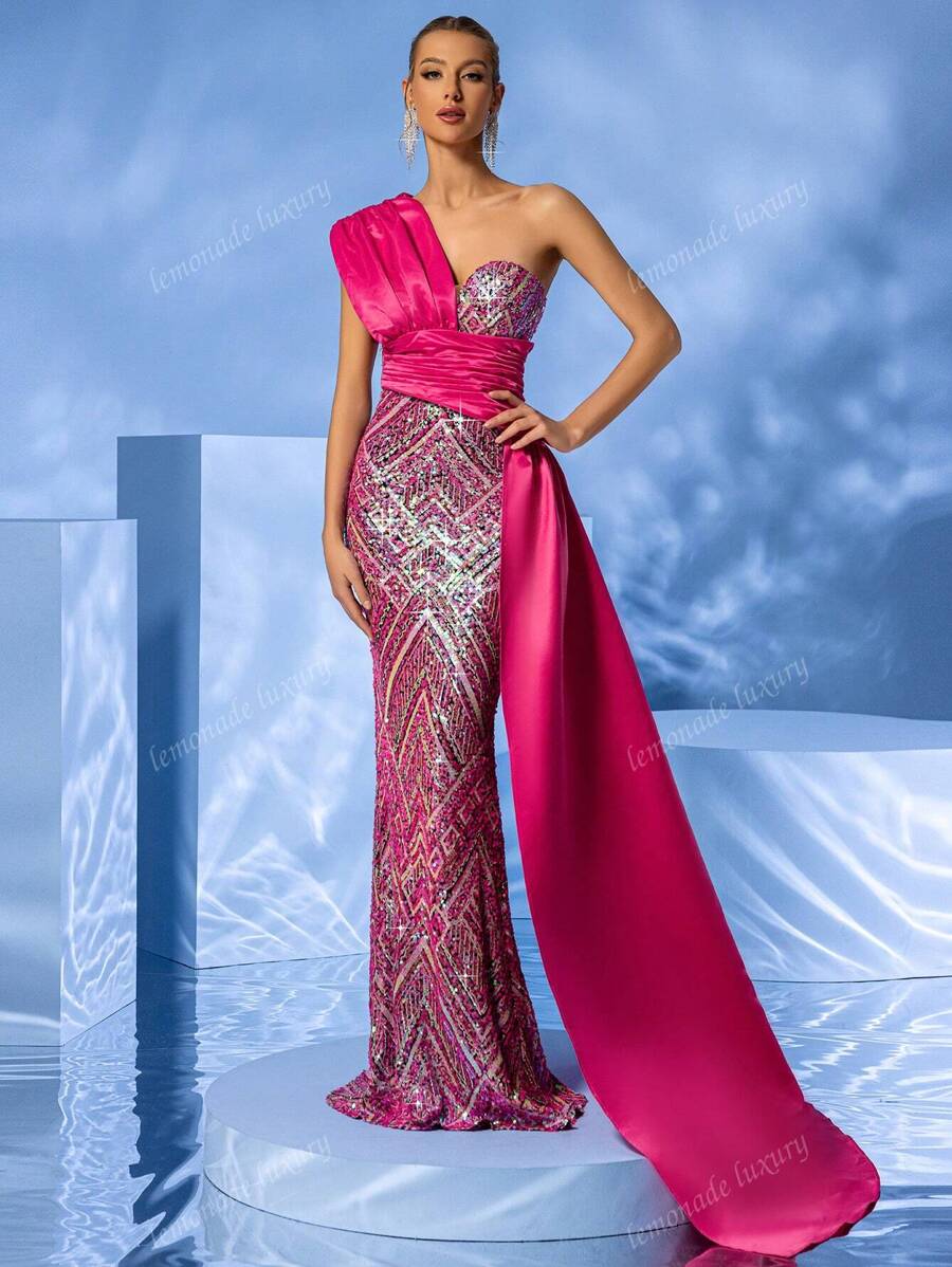 Deep Pink Sleeveless One-Shoulder Sequin Patchwork Flounces Fish Tail ...