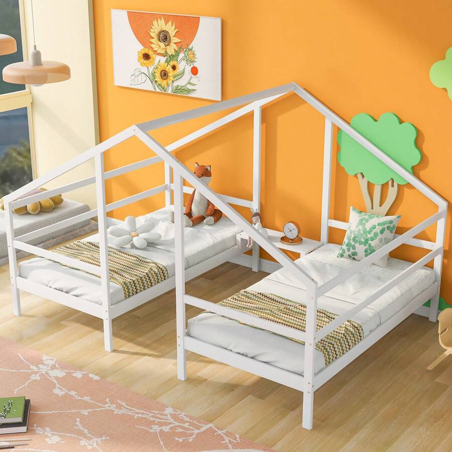 Anwick Twin Size Triangular House Platform Beds,Twin Sharing Bed Frame With Built-In Table ...