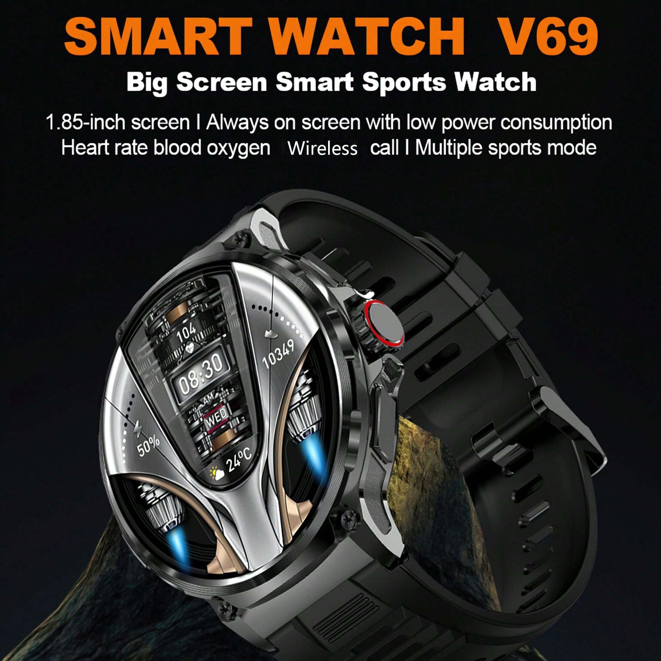 V69 Men's Large Screen Outdoor Sports Smart Watch, Steel Refining Case, 310mAh Long Battery Life ...