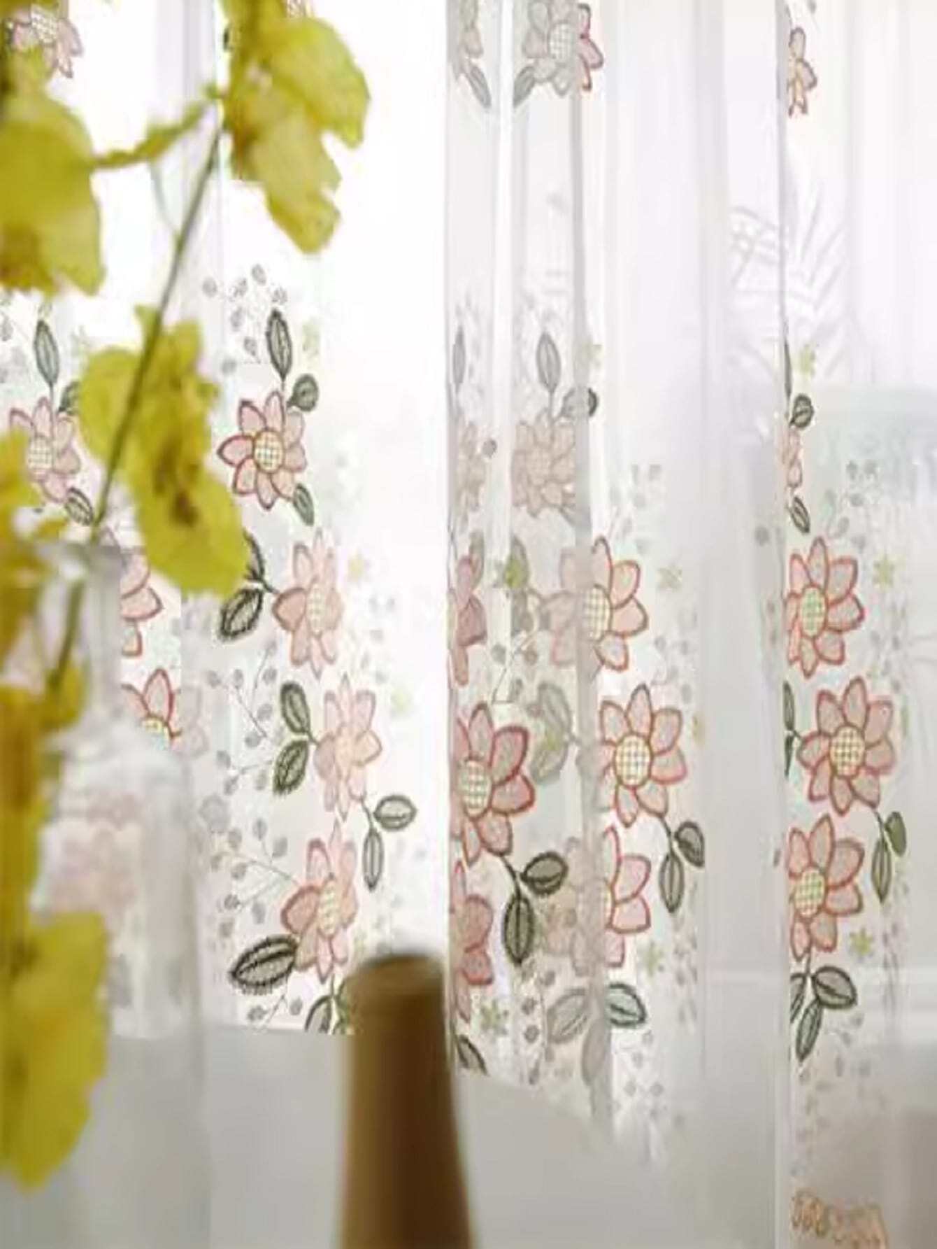 1pc Embroidered Sheer Curtain, Stick-On Rod, Fresh Style For Balcony ...