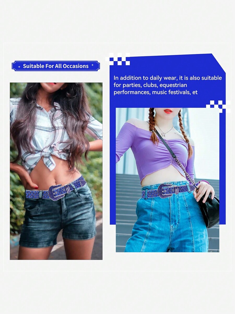 Men's Women's Fashion Sparkle Blue Rhinestone Belt For Women Men ...