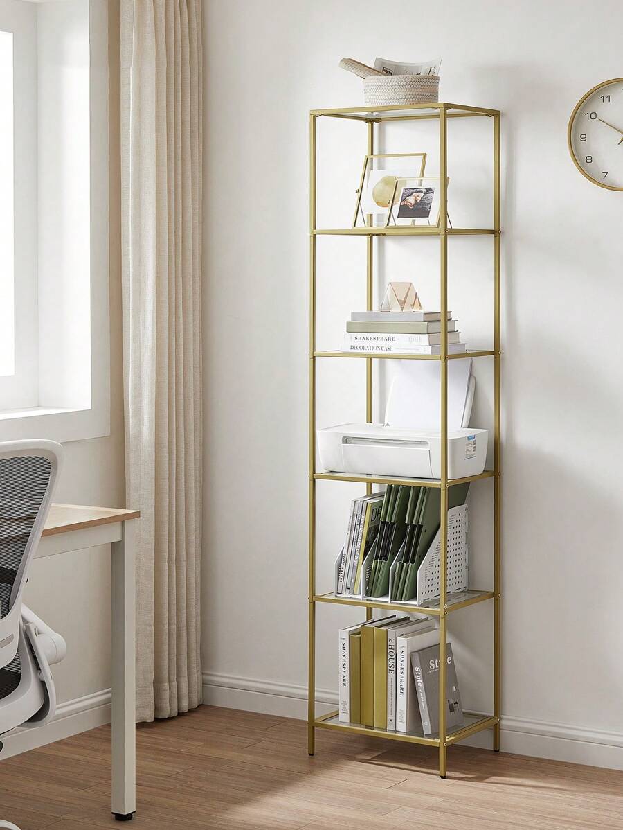 VASAGLE 6-Tier Glass Shelf, Standing Glass Bookshelf, Narrow Bookcase ...