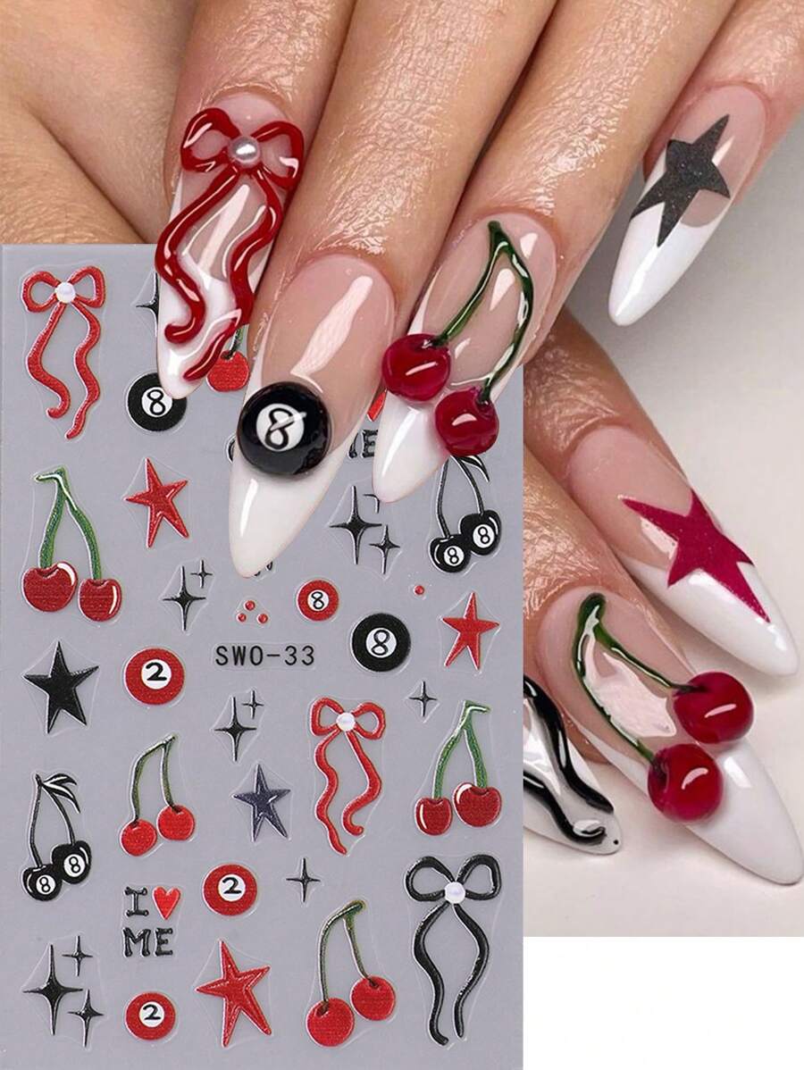 2pcs 5D Relief Nail Art Stickers Ribbon Bow Cherry Star Billiards ...