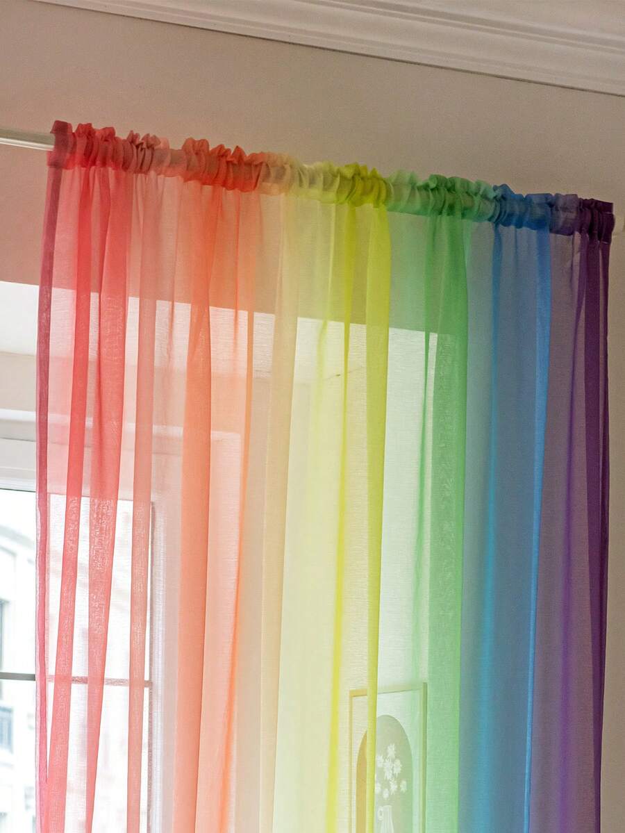 Rainbow Striped Pattern Single Panel Sheer Curtain, Colorful Ombre Mesh ...