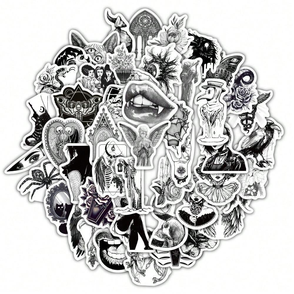 60pcs Black And White Gothic Doodle Waterproof Stickers For Notebook ...