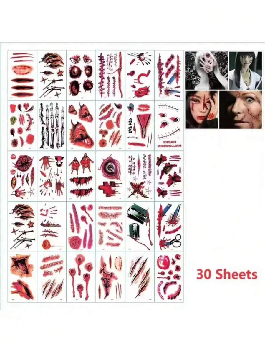 30 Sheets /Set Halloween Party Temporary Tattoos Zombie Makeup Scar ...