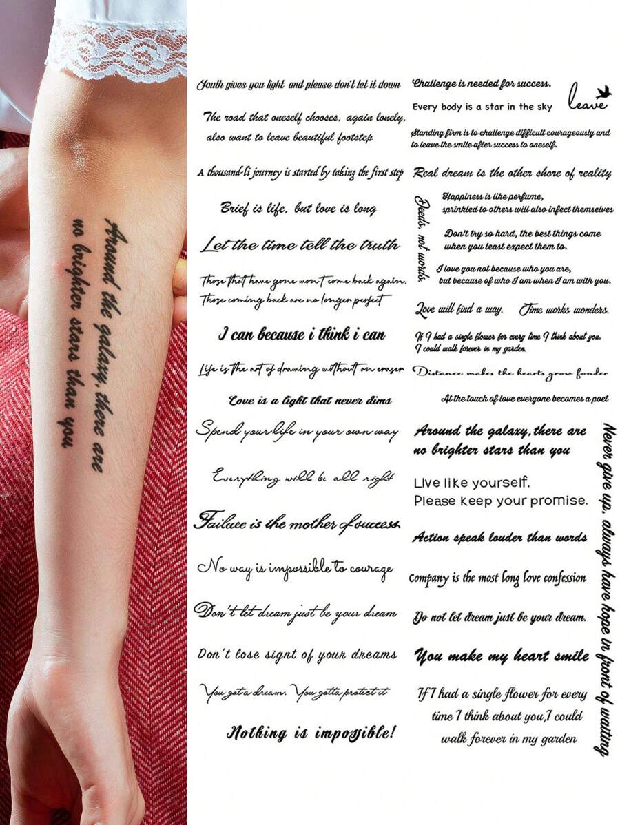 4pcs Black English Sentences Flower Pattern Tattoo Sticker For Spine ...