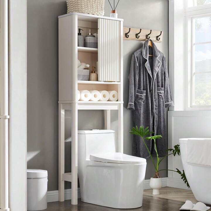 68 Tall Over The Toilet Storage Cabinet With Fluted Sliding Door Wood Space Saver With Faux Marble Top Adjustable Shelf Curved Profile Rack Organizer For Bathroom Hallway SHEIN USA
