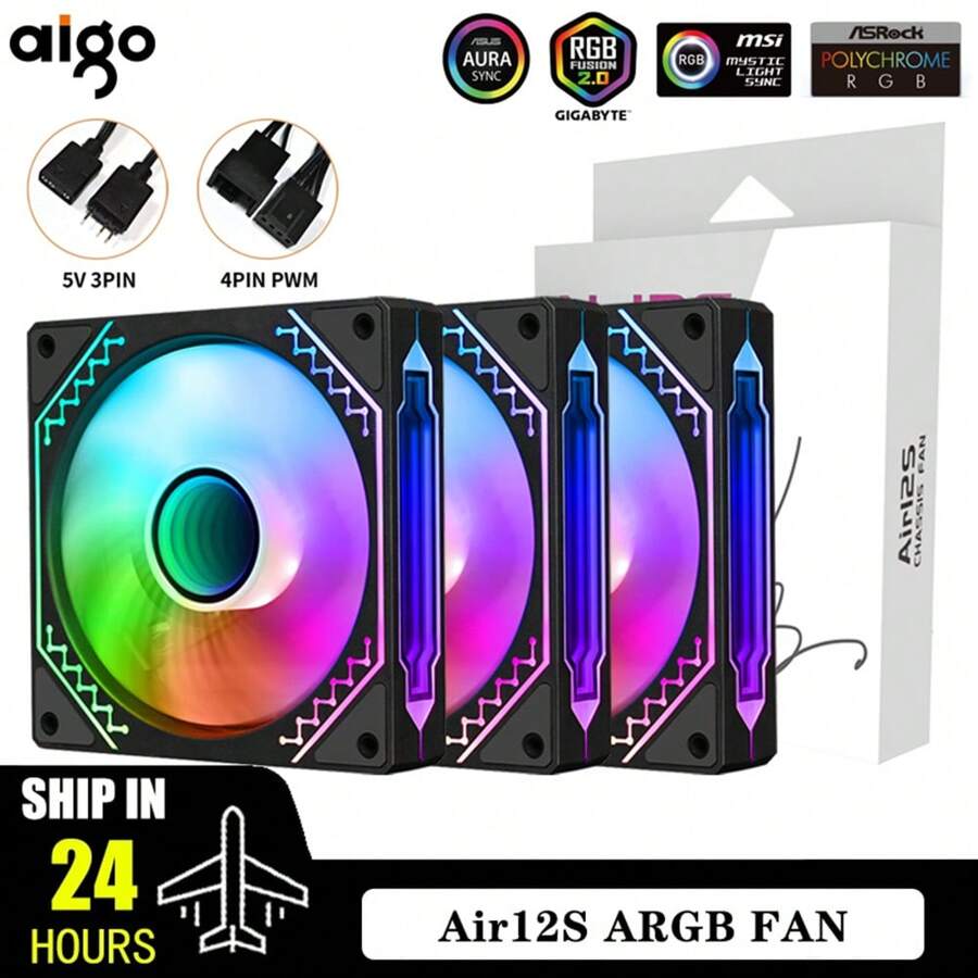 Aigo Air12s PC-fodral Fläkt 12cm 4Pin 5V 3Pin ARGB Cyclic Mirror Ljuseffekt PWM CPU 120mm ...