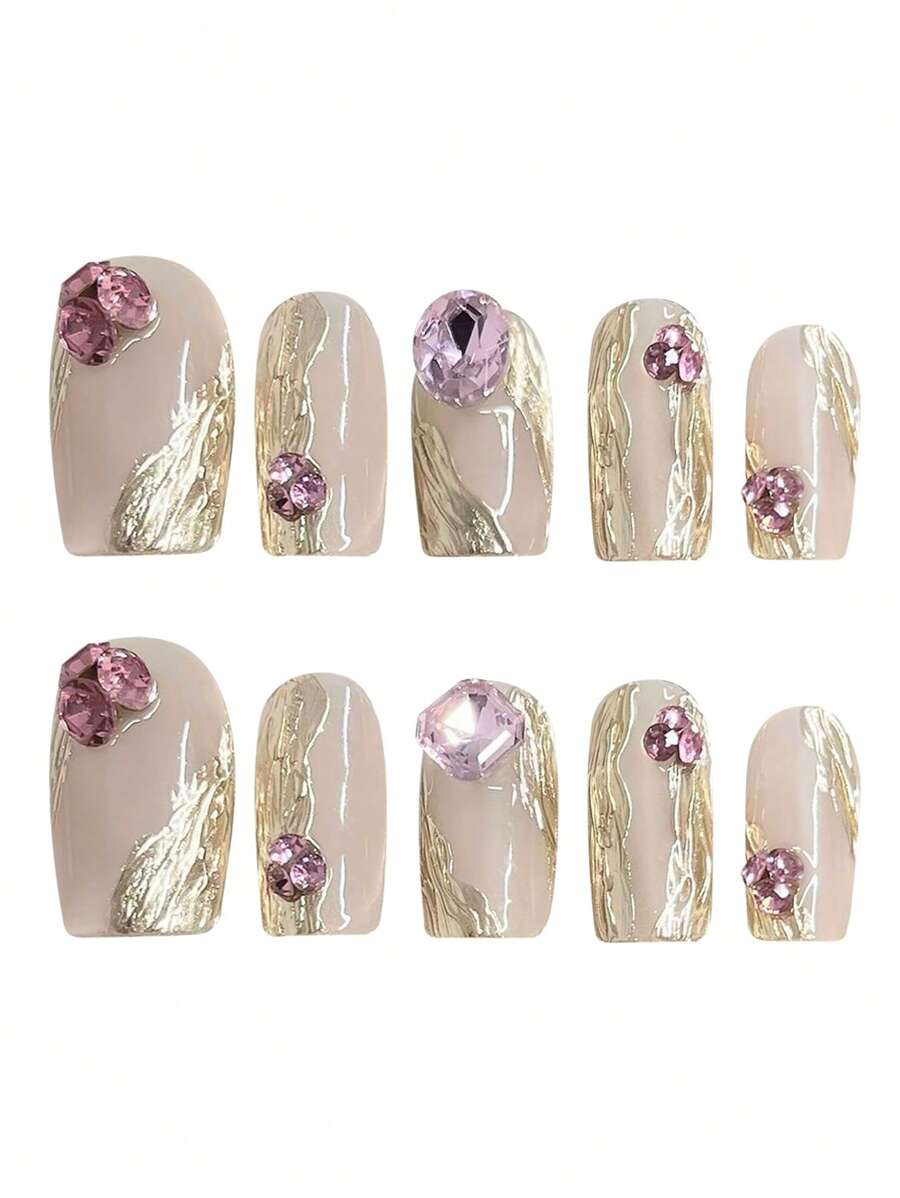 10pcs Gold Magic Mirror Glitter Ripple Handmade Press On Nails, Purple ...