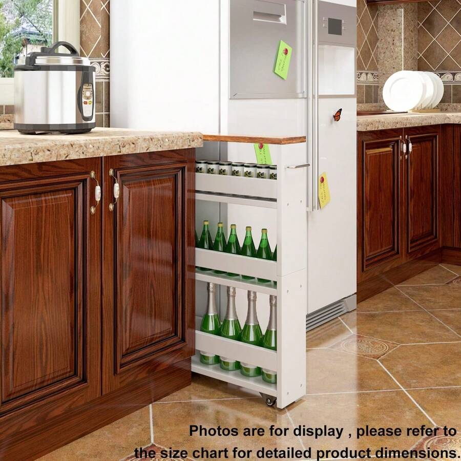 4 Tier White Slim Storage Cart With Handle, Slide Out Storage Rolling ...