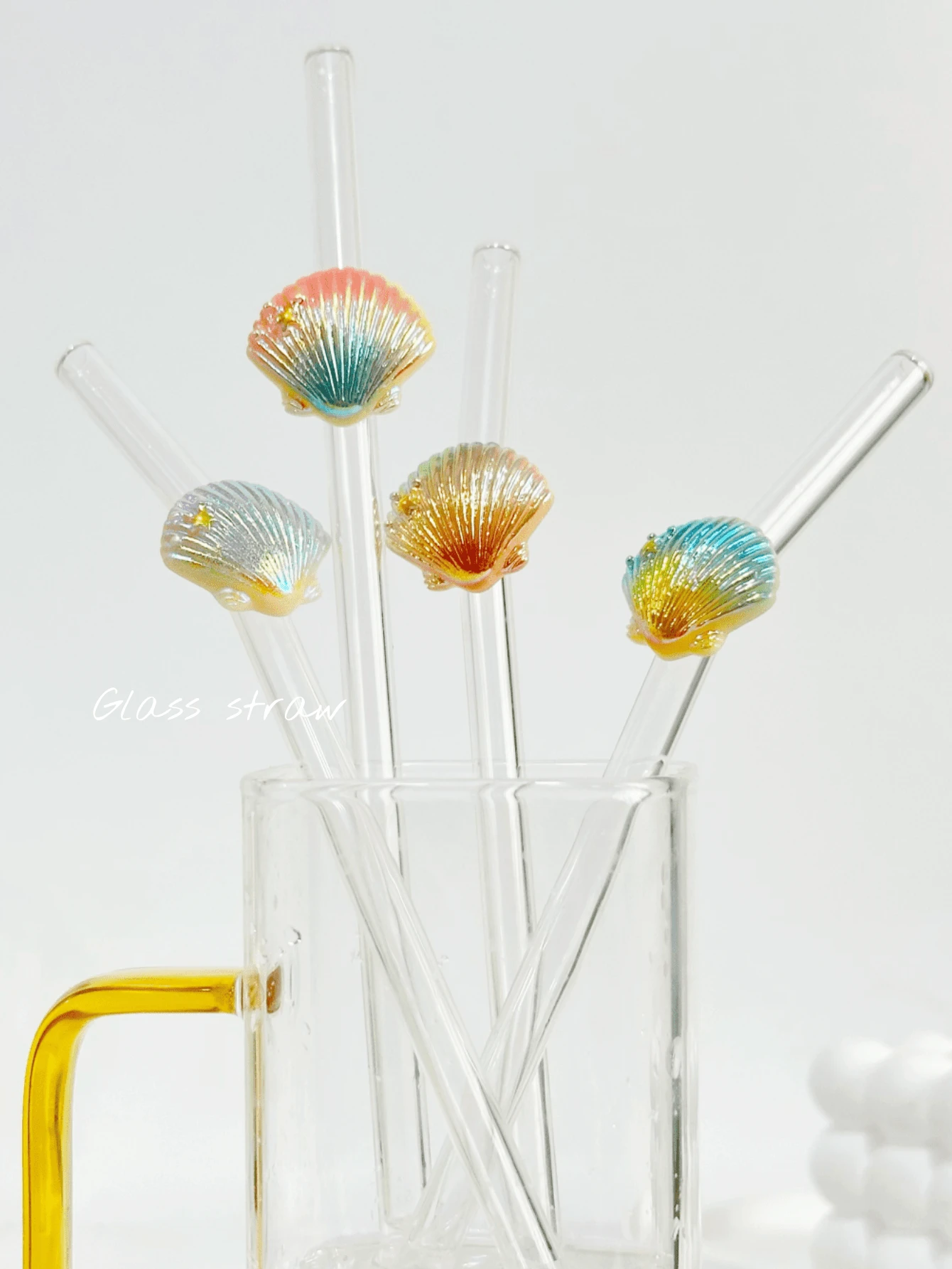 1pc Rainbow Shell Glass Straw, Transparent Boba Tea Juice Straw Milk ...