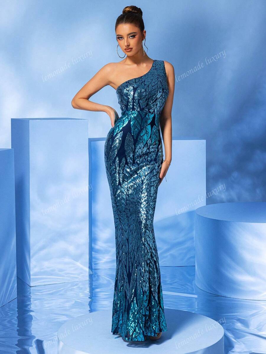 Robe de soirée longue jusqu'aux pieds, avec une seule épaule, à ...