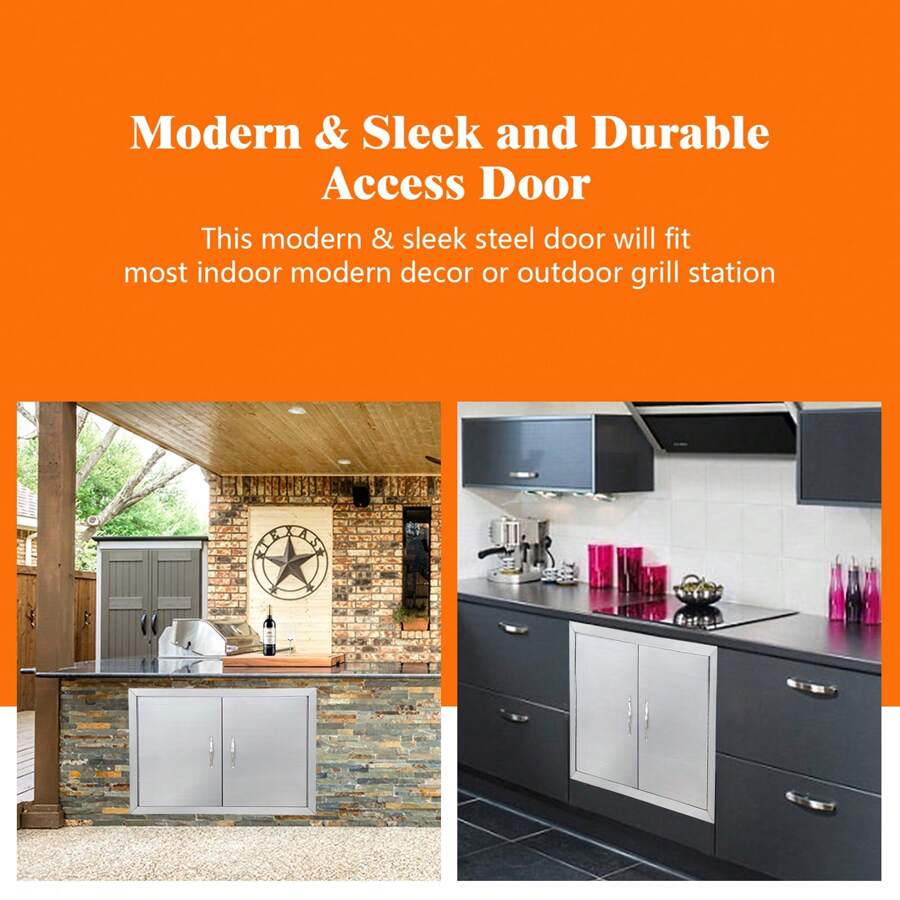 28W X 19H Inch Stainless Steel BBQ Double Access Door, Outdoor Kitchen Doors, BBQ Doors With 6 ...
