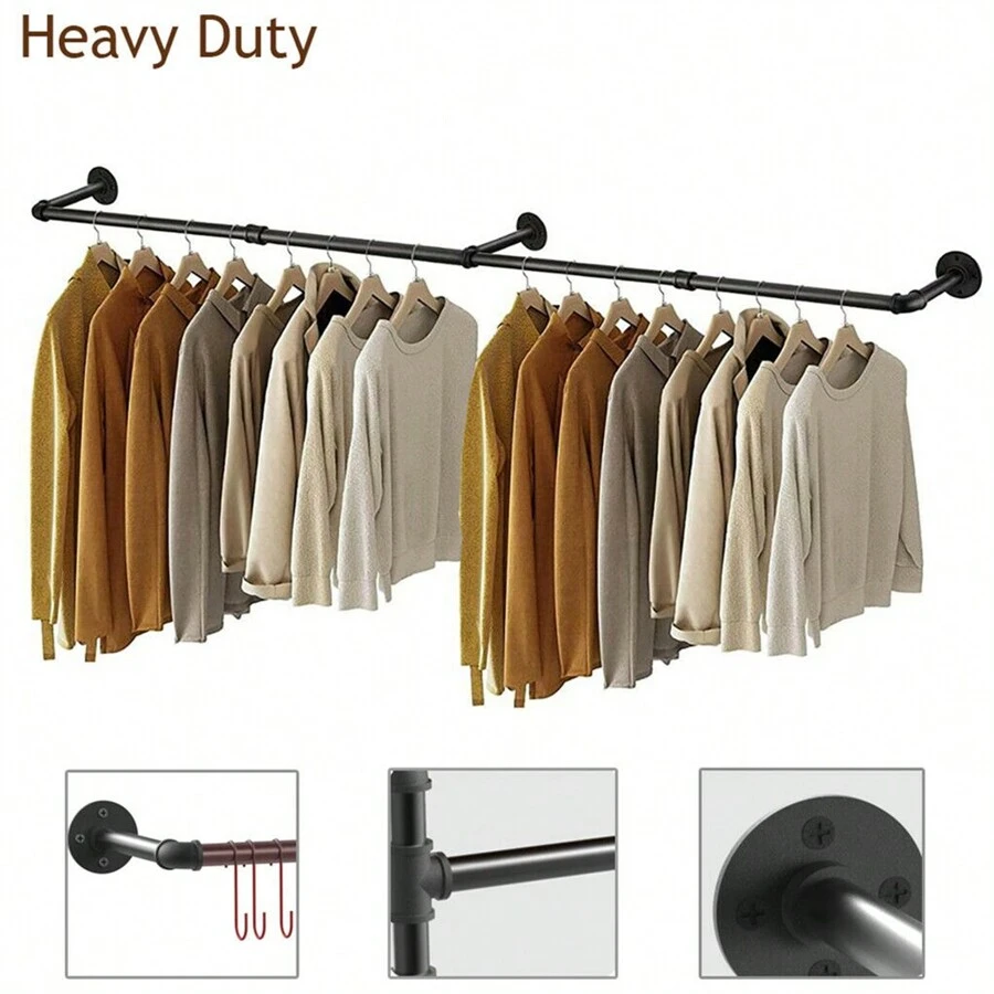 UNHO Extra Long Black/Gold Pipe Clothes Rack Wall Mount Garment Closet ...