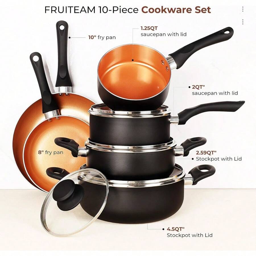 10-Piece Black Aluminum Cookware Set With Lids, Includes Soup Pot, Milk ...
