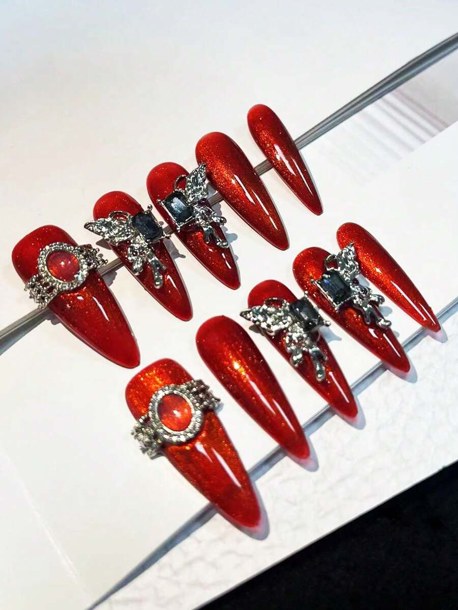 10 Pcs Handmade Full-Coverage Fake Nails, Creative Water Drop Shape ...